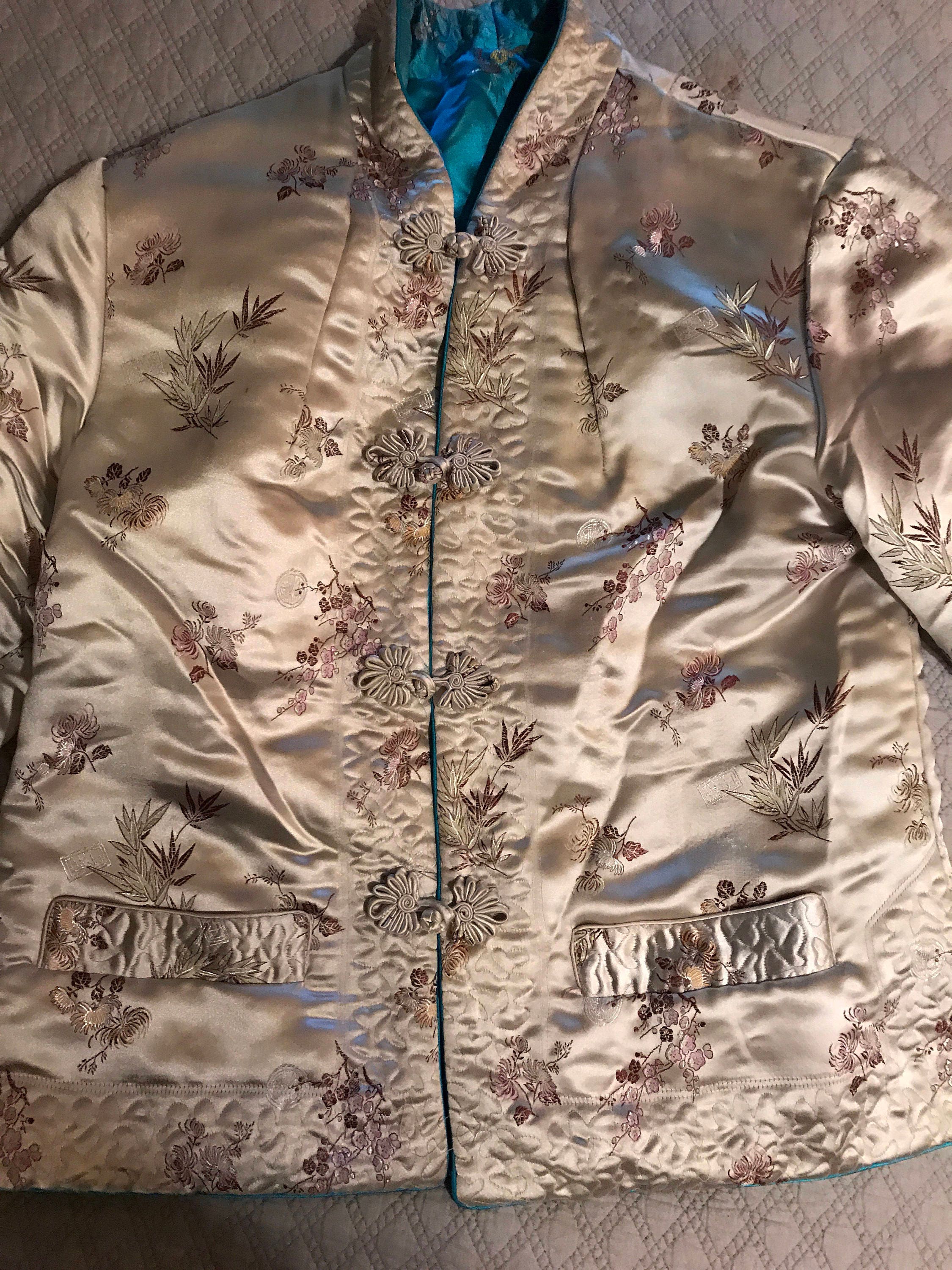 Vintage Silver Asian Silk Jacket. Satin Jacket. Asian Silk Jacket. Silk ...