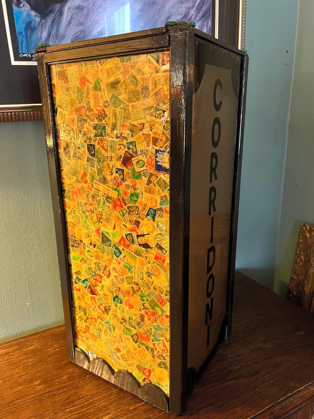 Vintage Folk Art, Postage Stamp Table, Cool Wood and Plexiglass Table ...