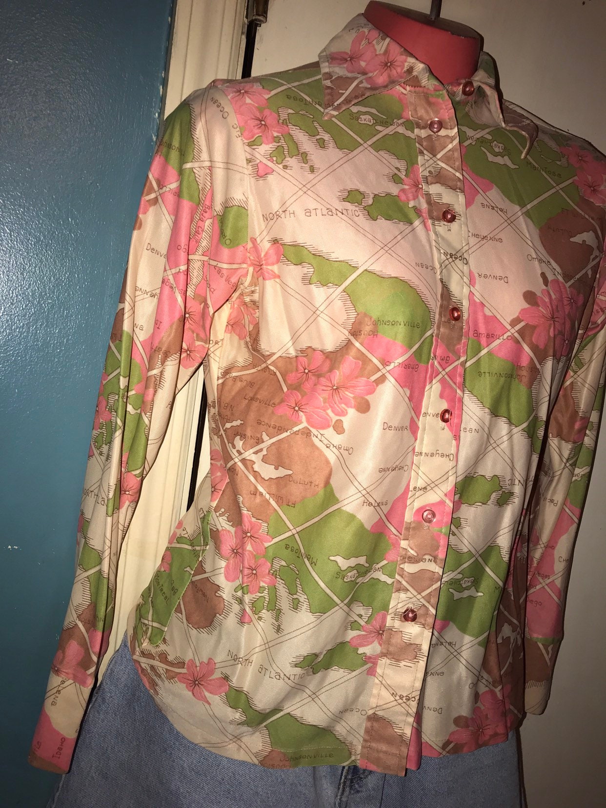 Vintage 1970's Polyester Shirt. Map Shirt. Map Design Blouse. Pink amd ...