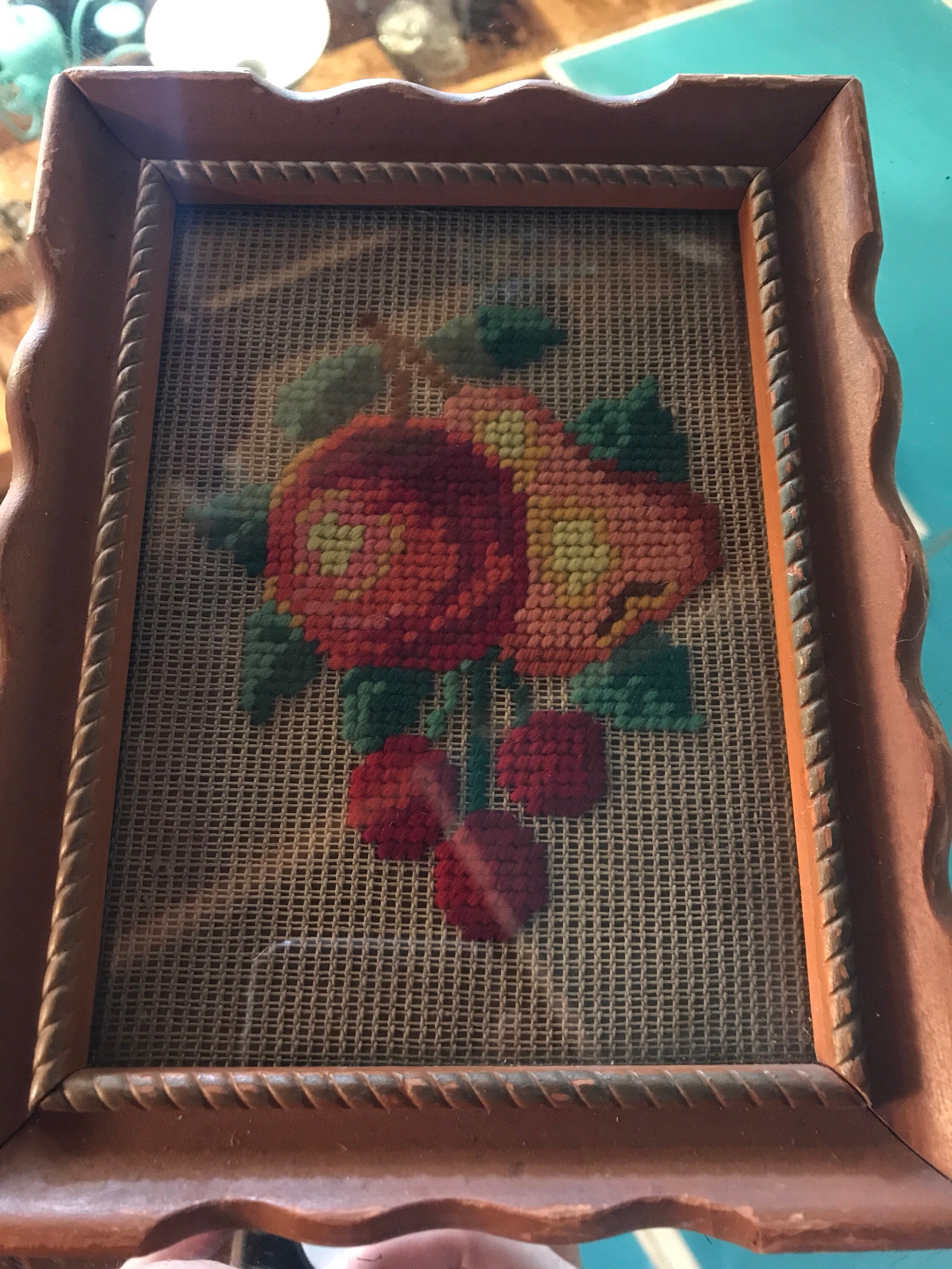 Vintage Framed Needlepoint. Needlepoint Fruit. Framed Needlepoint Fruit ...