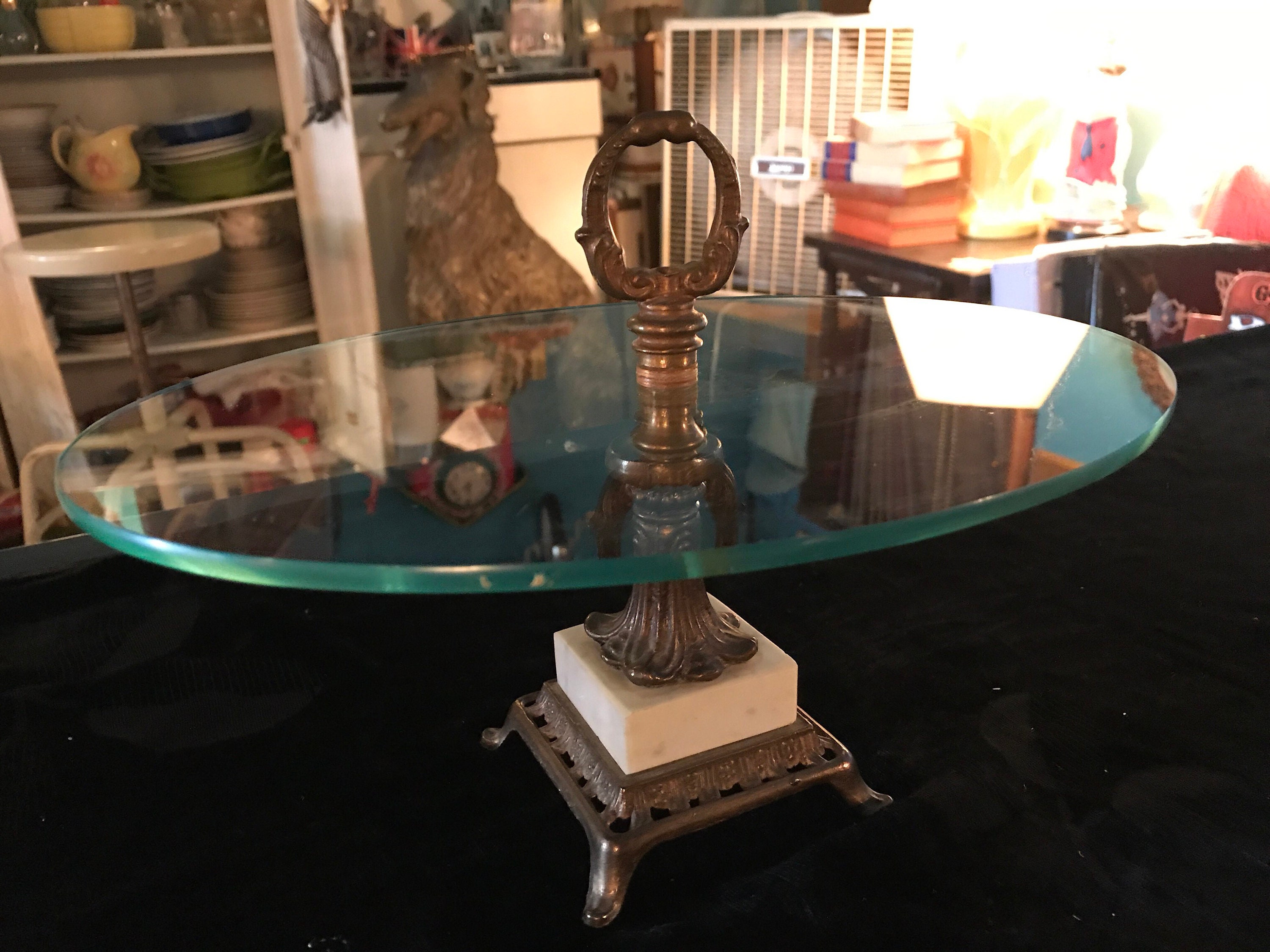 Vintage Brass and Marble Glass Tabletop Stand. Brass Stand. Jewlery ...