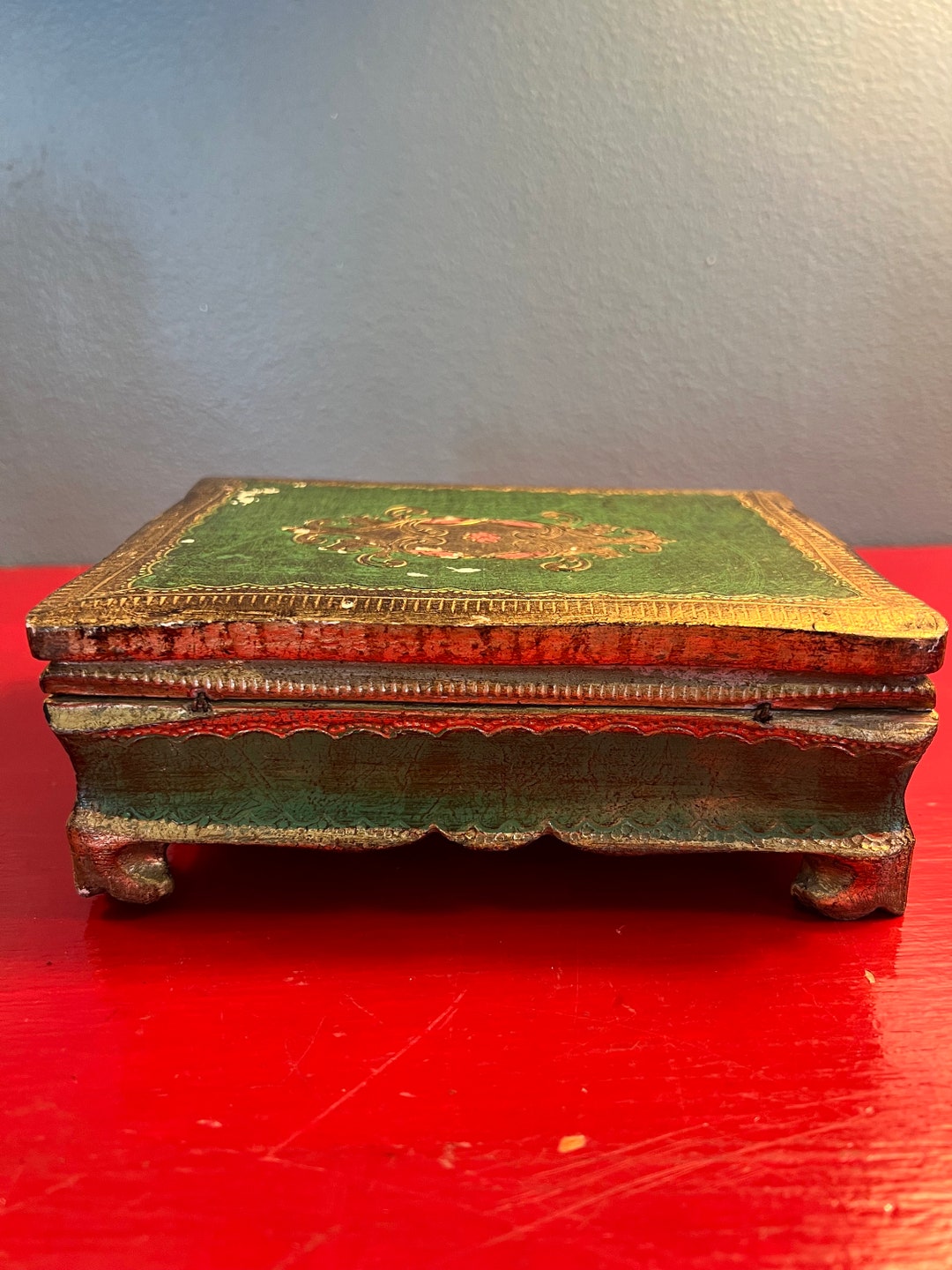 Vintage Italian Wood Box. Footed Italian Wooden Box. Gorgeous Green and ...