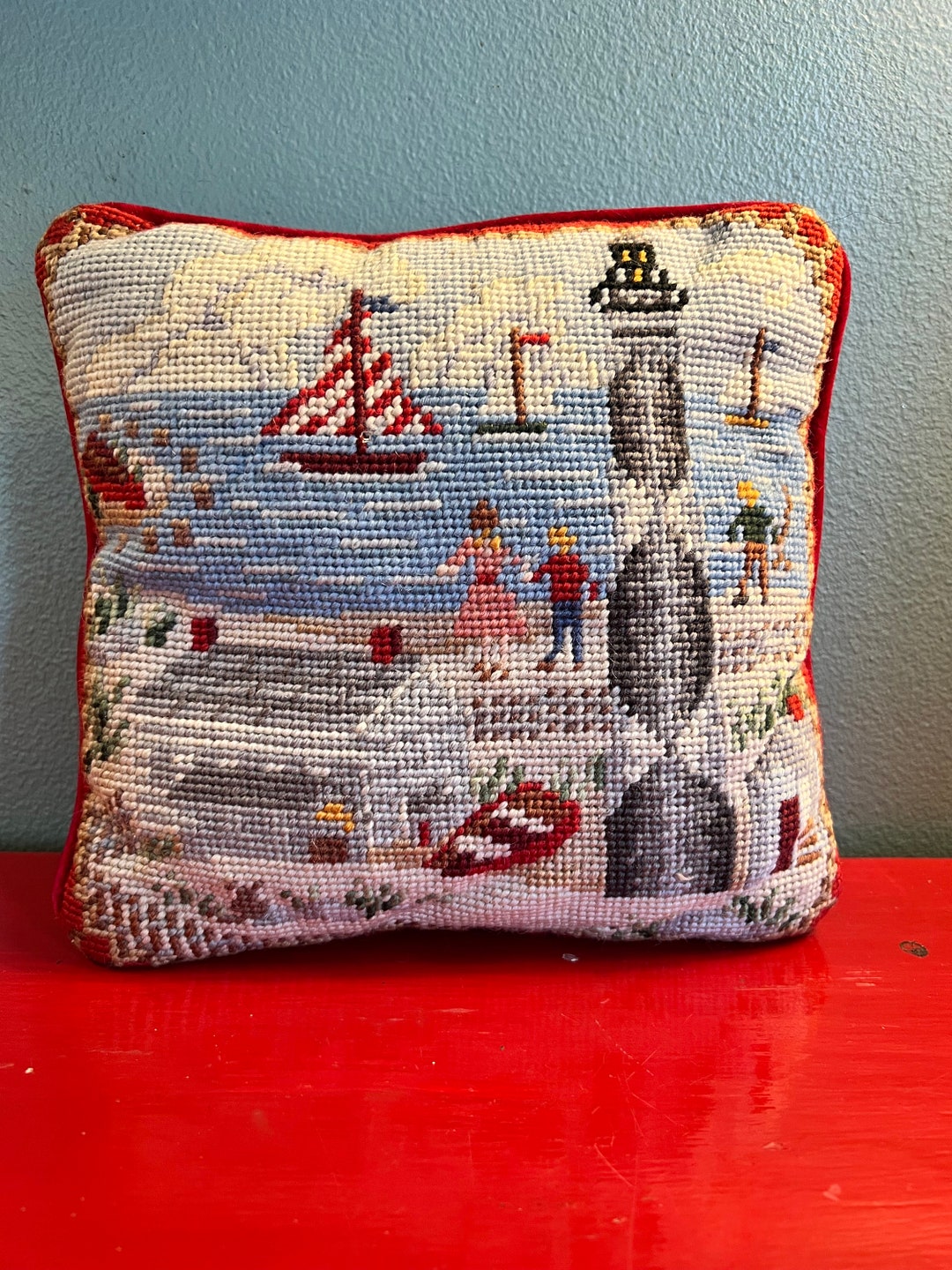 Vintage Lighthouse Needlepoint Pillow. Needlepoint Pillow. Small Ocean ...