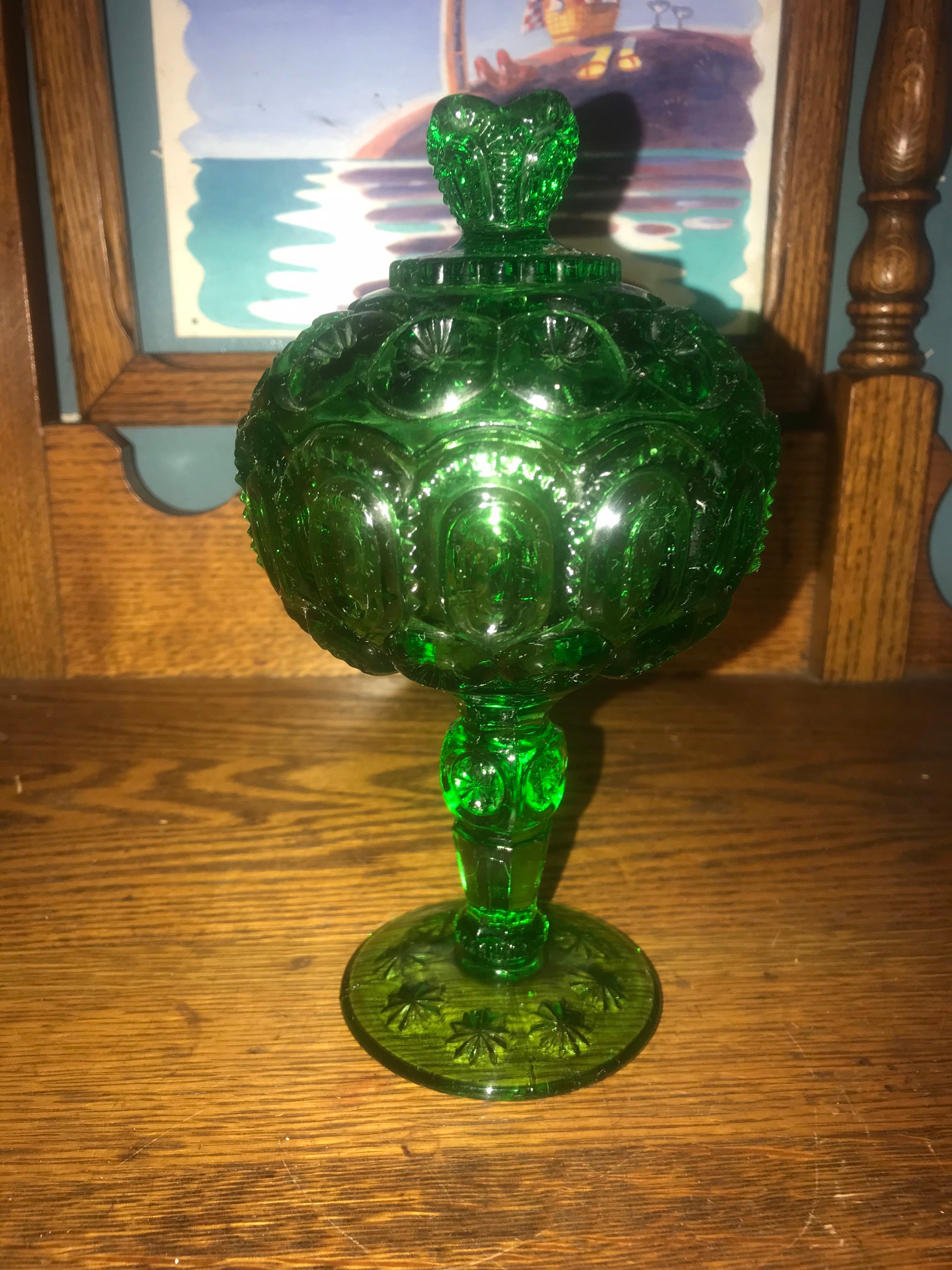 Vintage Green Glass Compote Dish With Lid. Small Glass Candy Dish ...