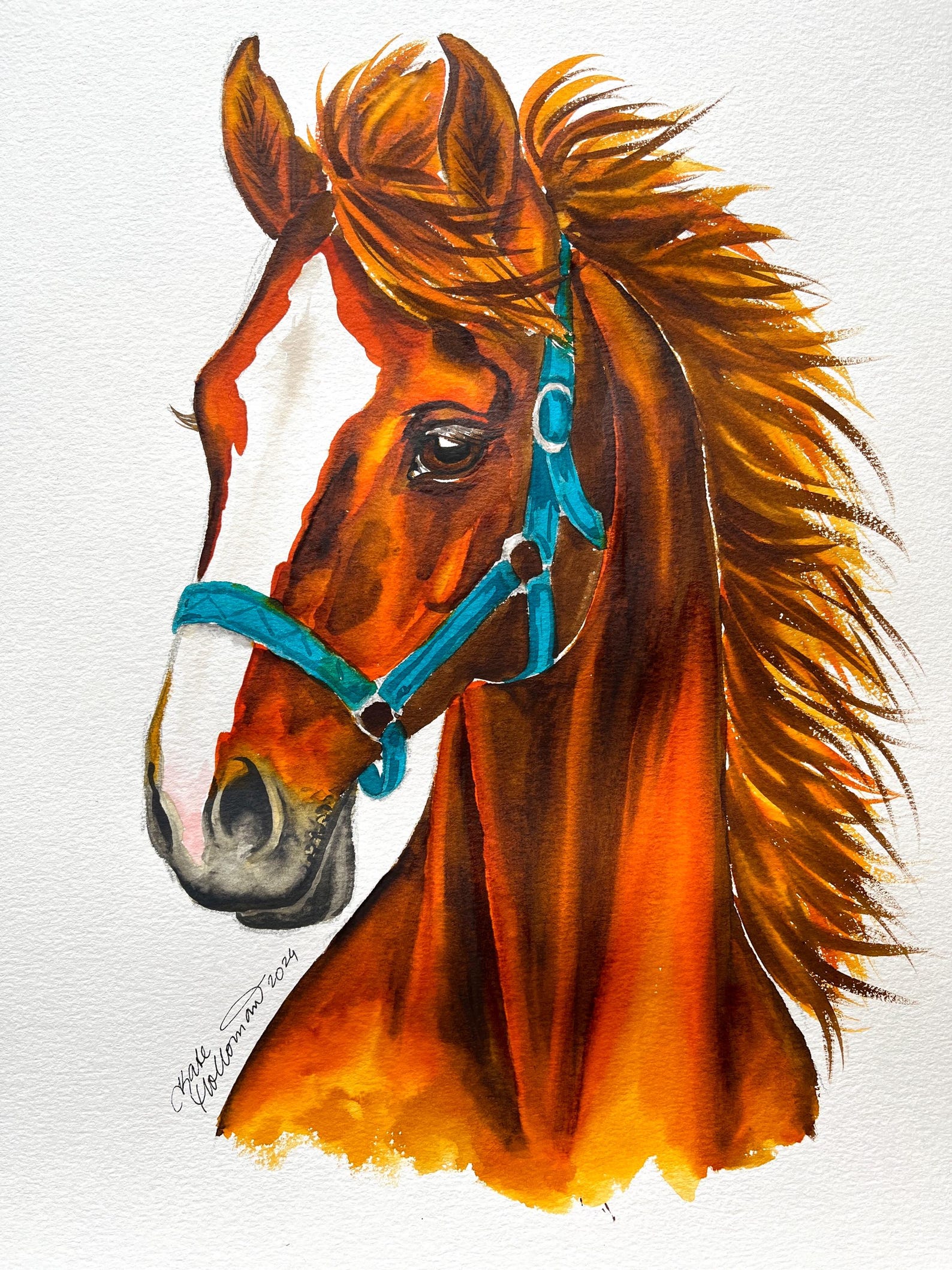 Brown Horse Portrait With Blue Halter - Original Watercolor Painting ...