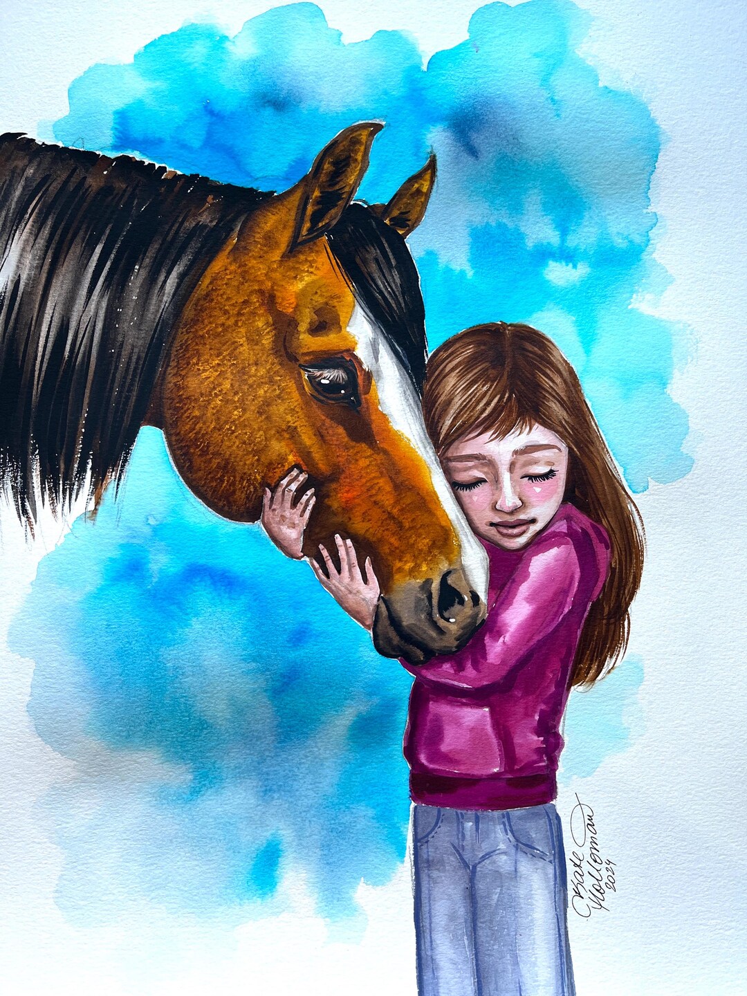 Furever Bond - Portrait of a Girl and Her Horse - Original Watercolor ...