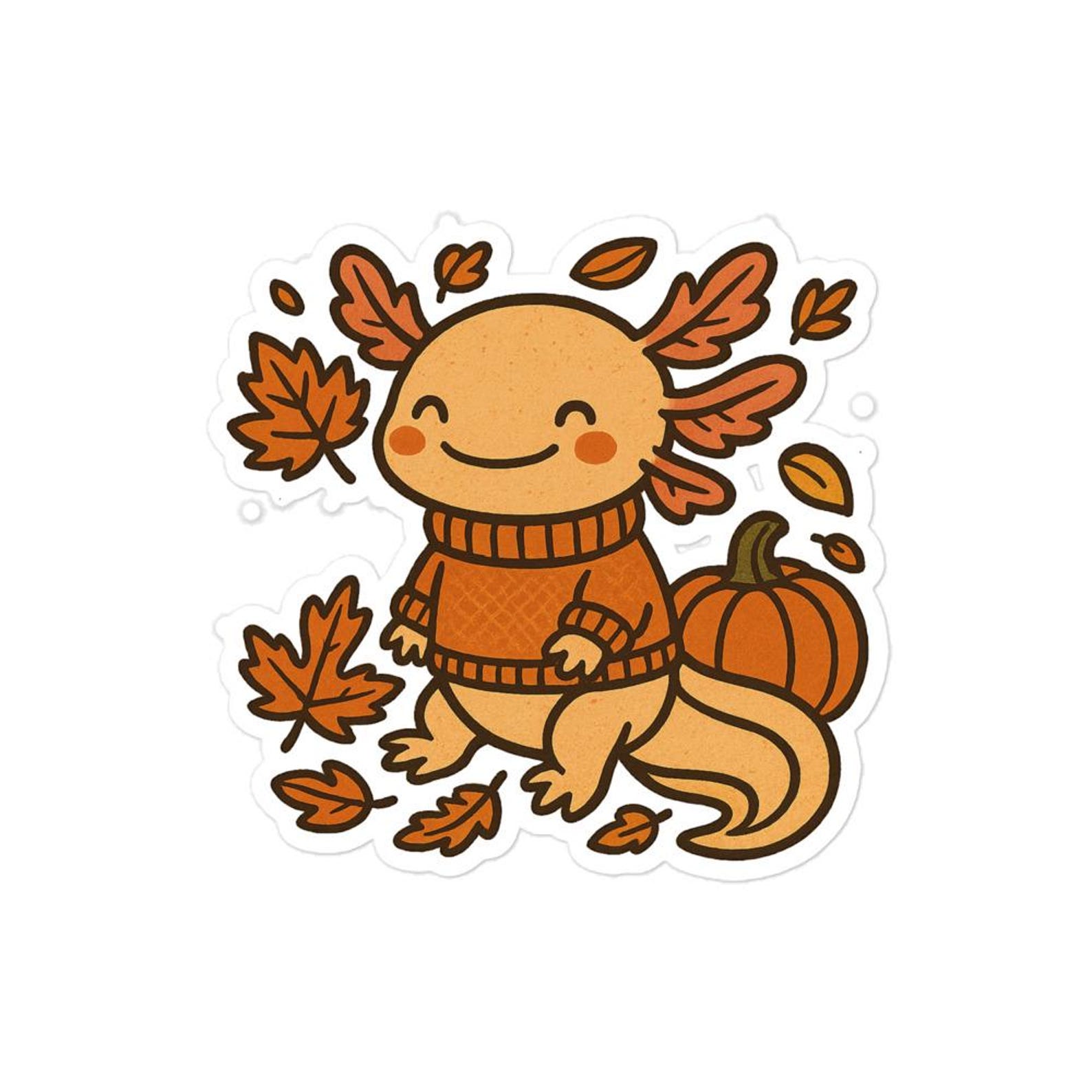 Cute Fall Axolotl Sticker Autumn Sweater Axolotl With Pumpkin & Leaves ...