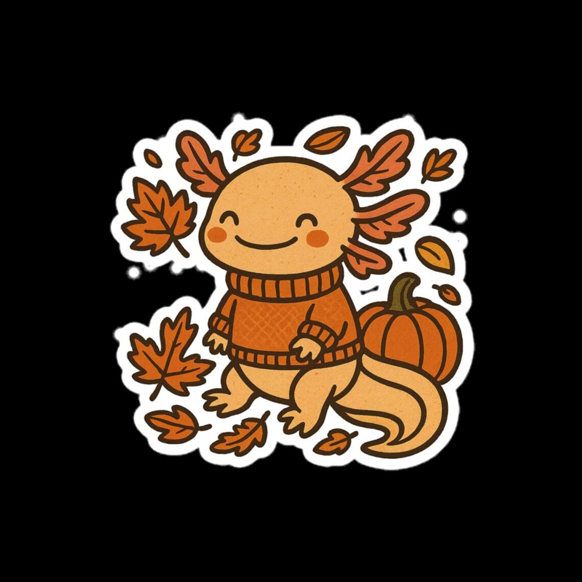 Cute Fall Axolotl Sticker Autumn Sweater Axolotl With Pumpkin & Leaves ...