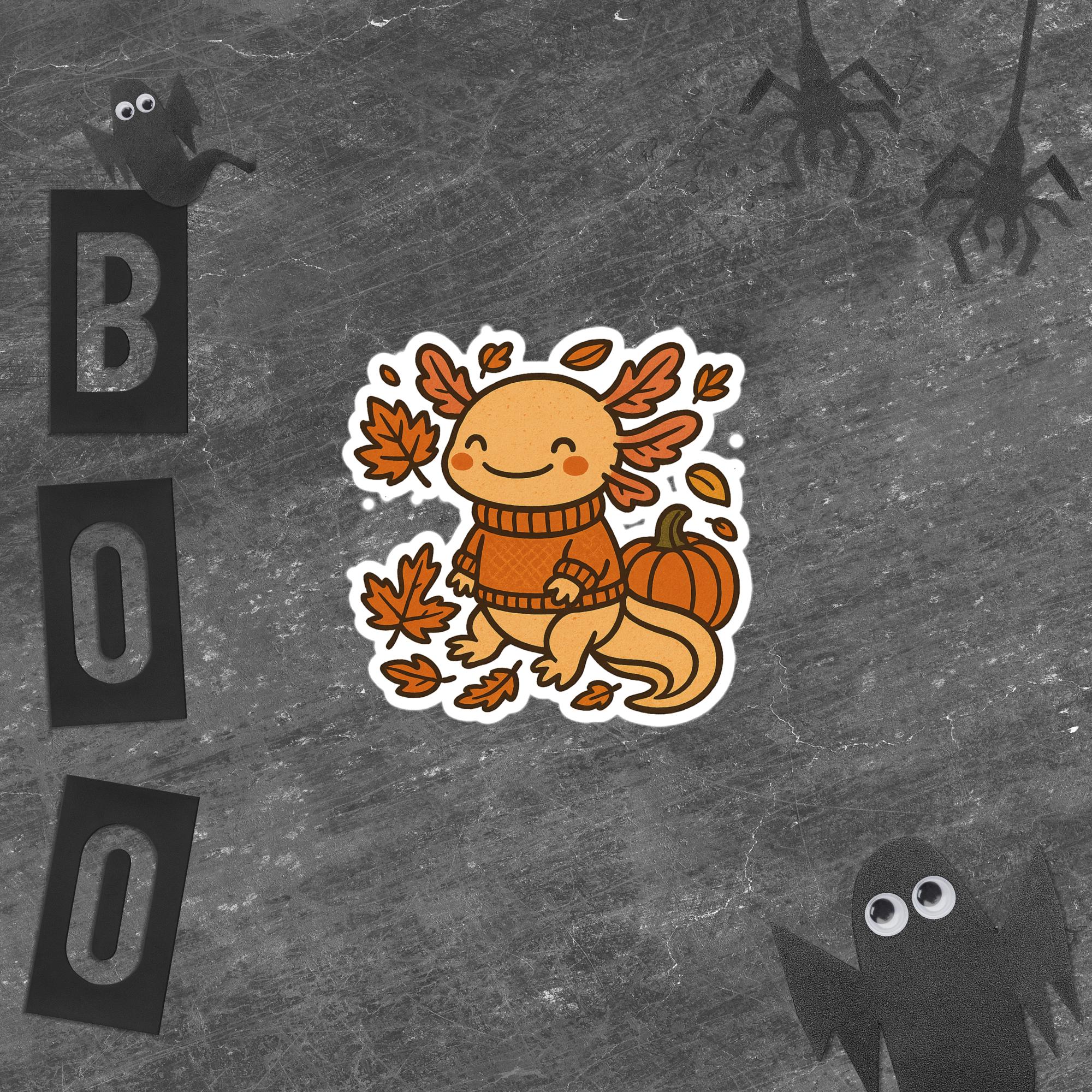 Cute Fall Axolotl Sticker Autumn Sweater Axolotl With Pumpkin & Leaves ...