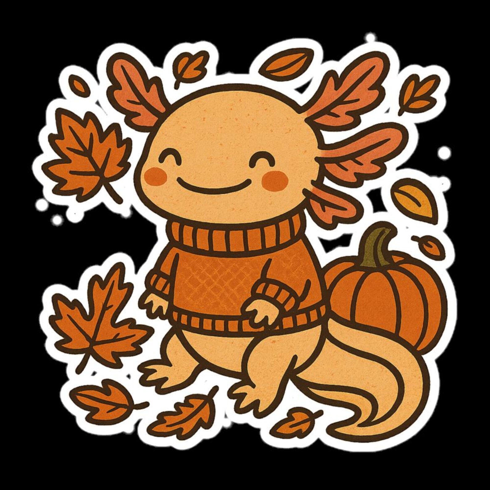 Cute Fall Axolotl Sticker Autumn Sweater Axolotl With Pumpkin & Leaves ...