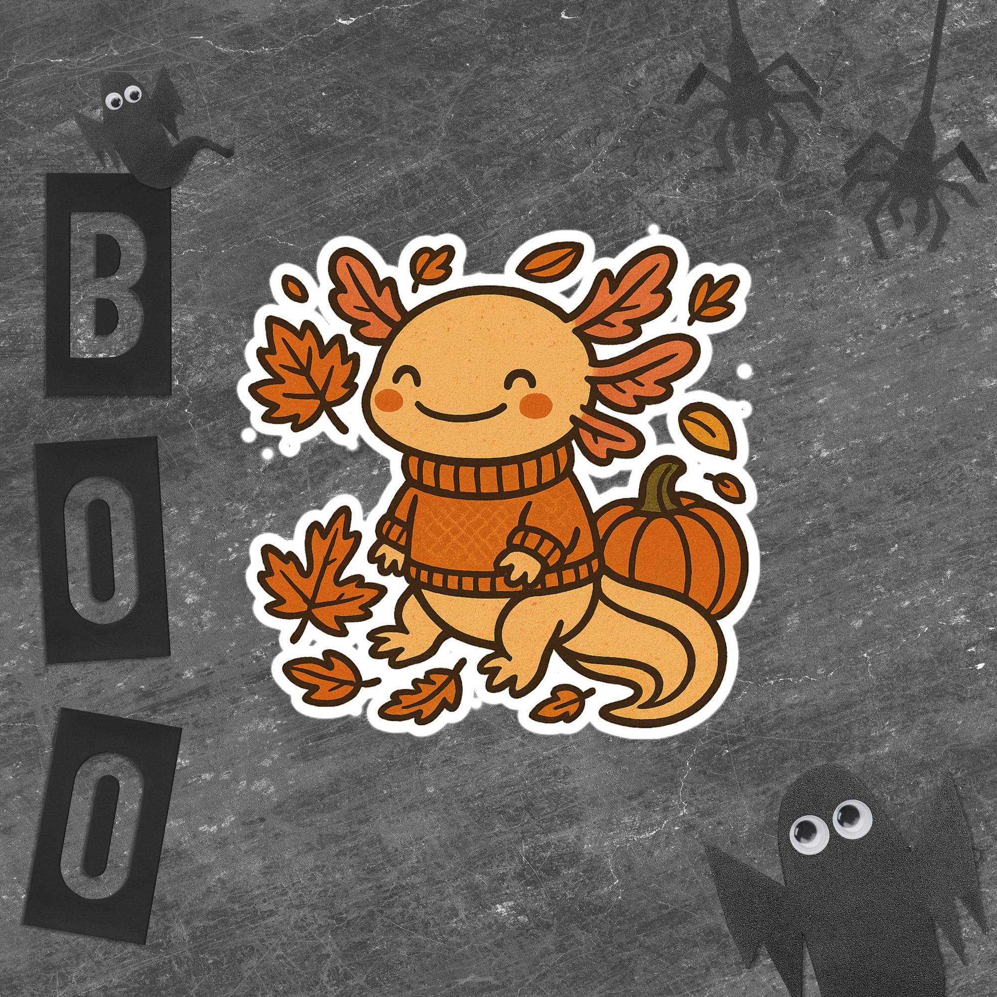 Cute Fall Axolotl Sticker Autumn Sweater Axolotl With Pumpkin & Leaves ...