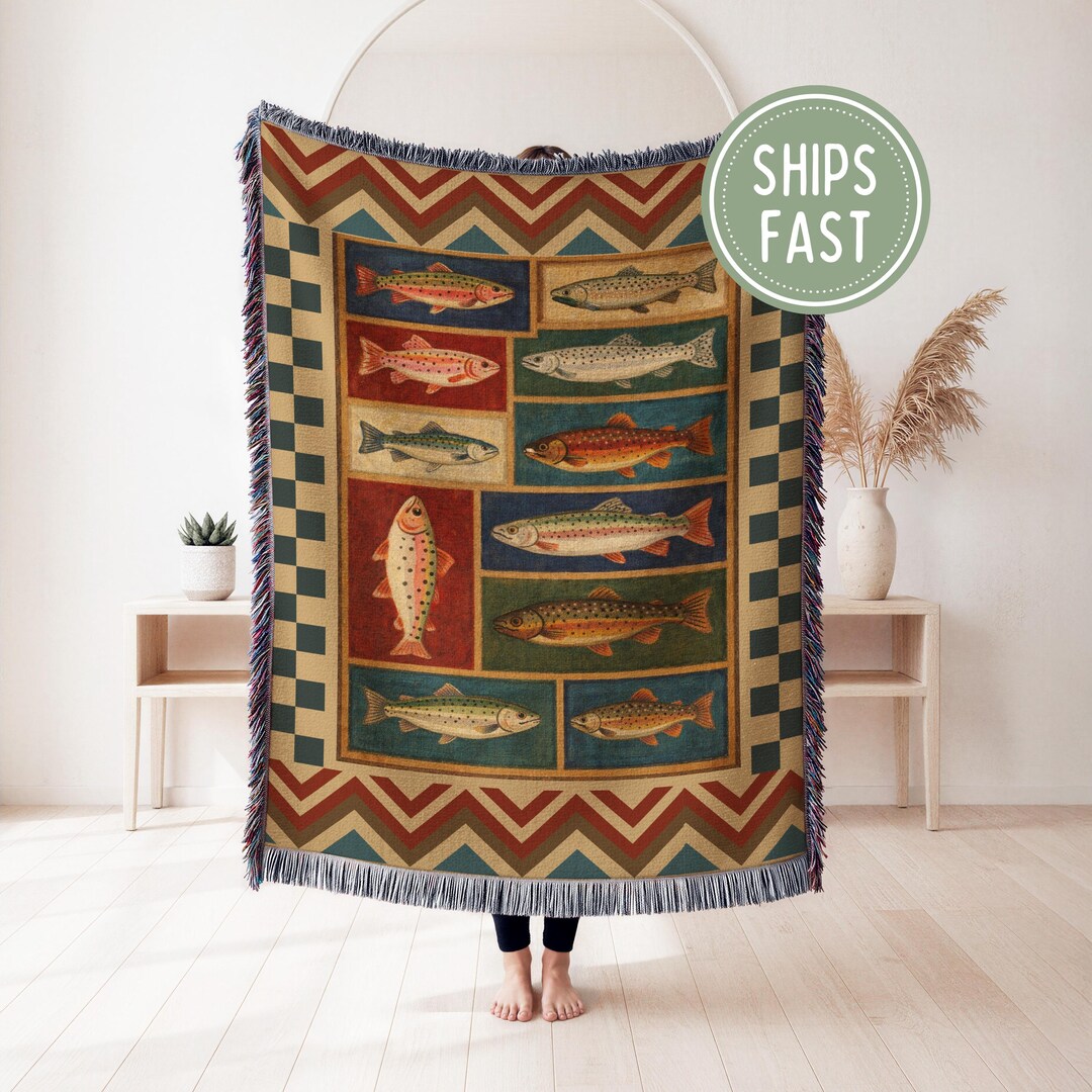 Trout Salmon Woven Blanket – Mountain Fish Lodge Throw, Western Folk ...