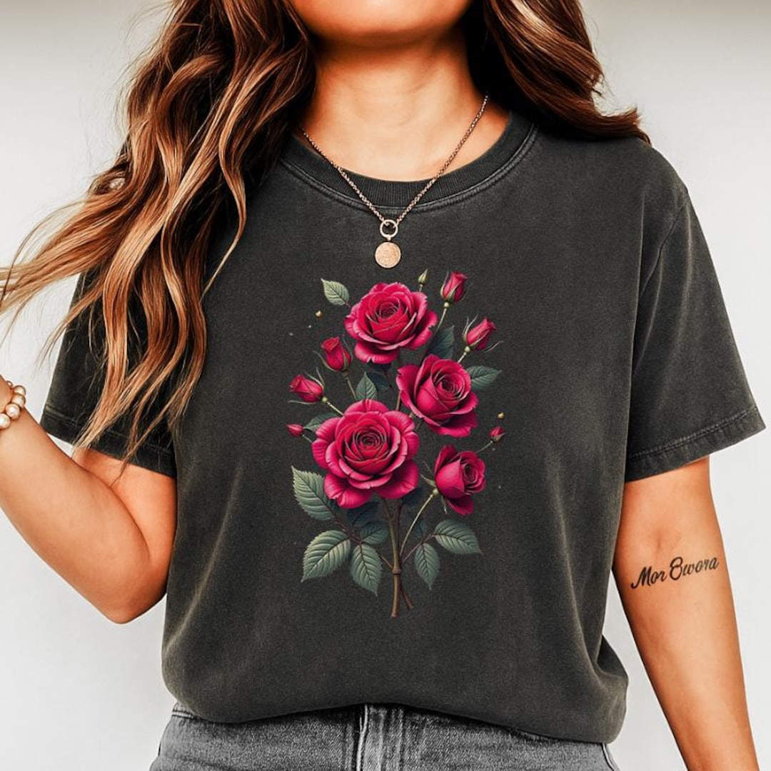 Red Rose T-shirt, Rose T-shirts, Roses Vintage Floral Tshirt, Comfort ...