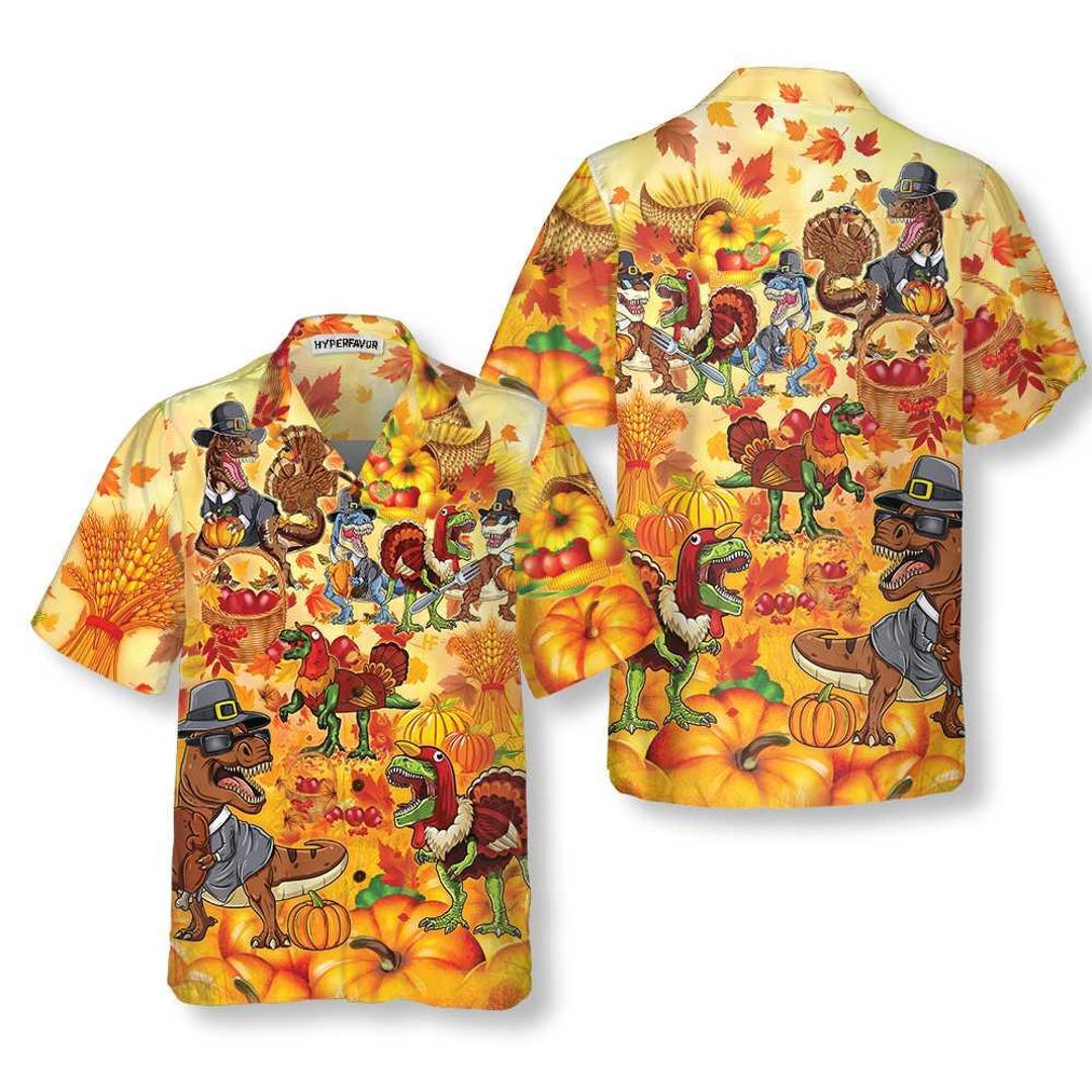 Happy Thanksgiving Dinosaurs T-rex Hawaiian Shirt, Funny Turkey Aloha ...
