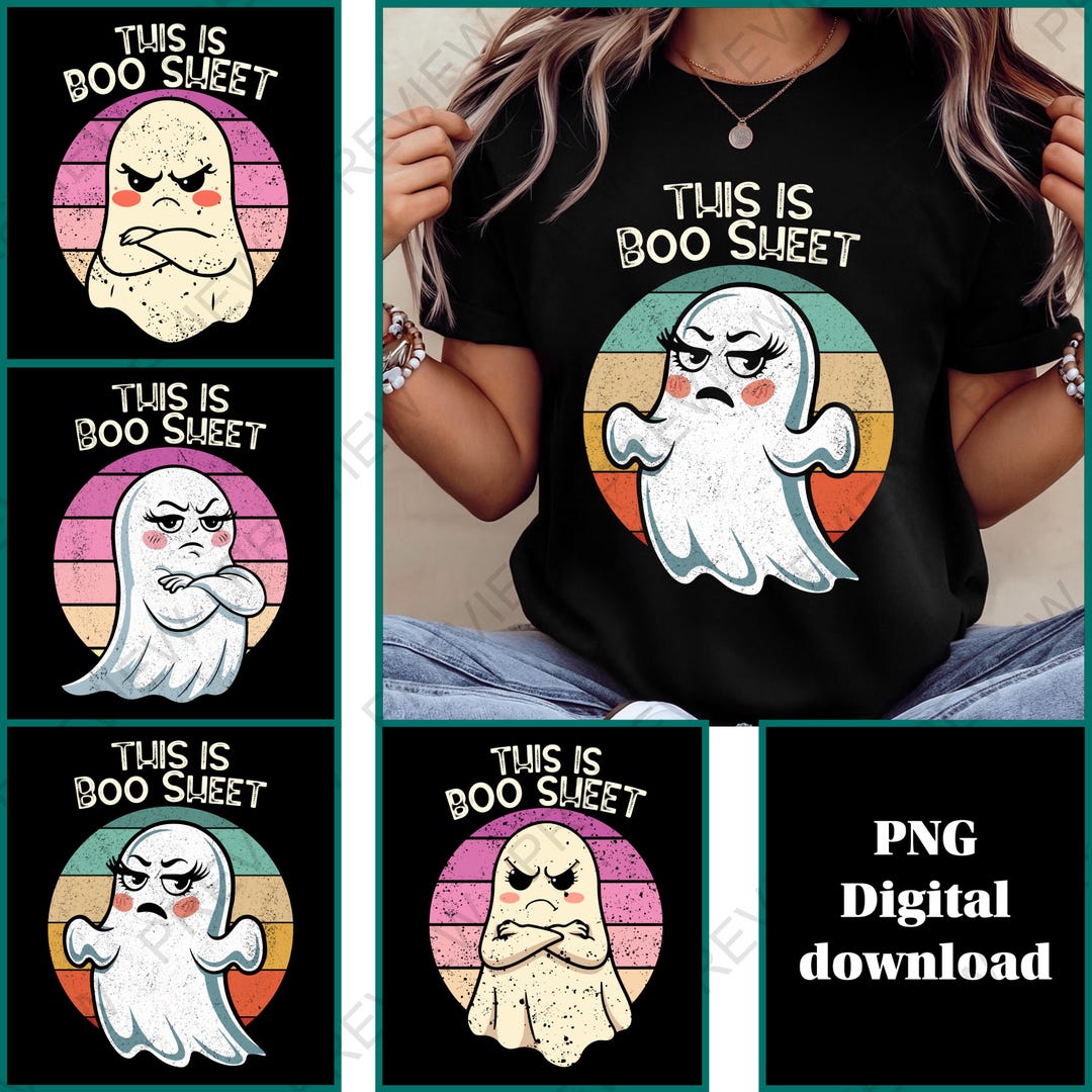 Retro Grumpy Ghost PNG Bundle, Funny Boo Ghost, Coquette Halloween PNG ...