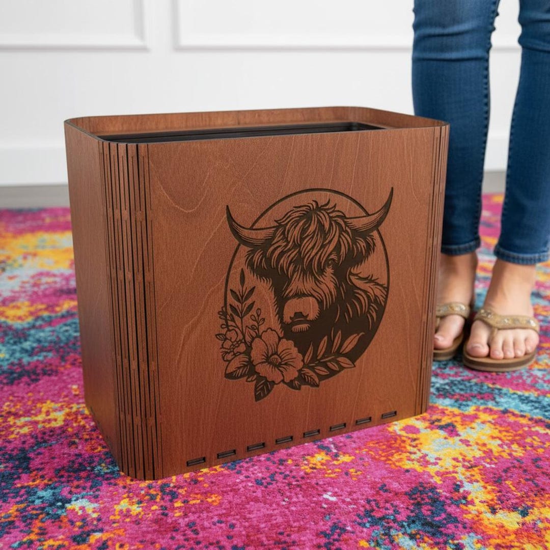 Highland Cow Decor Wooden Trash Can – Cute Highland Cattle Engraved ...