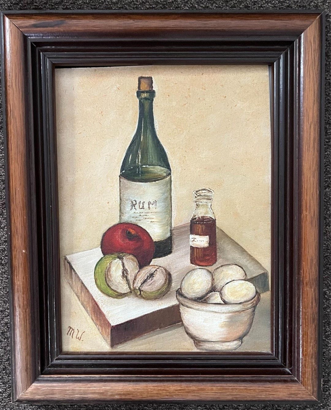 Original 1950s Still Life Painting – Rum Bottle & Fruit – Framed 16x13 ...