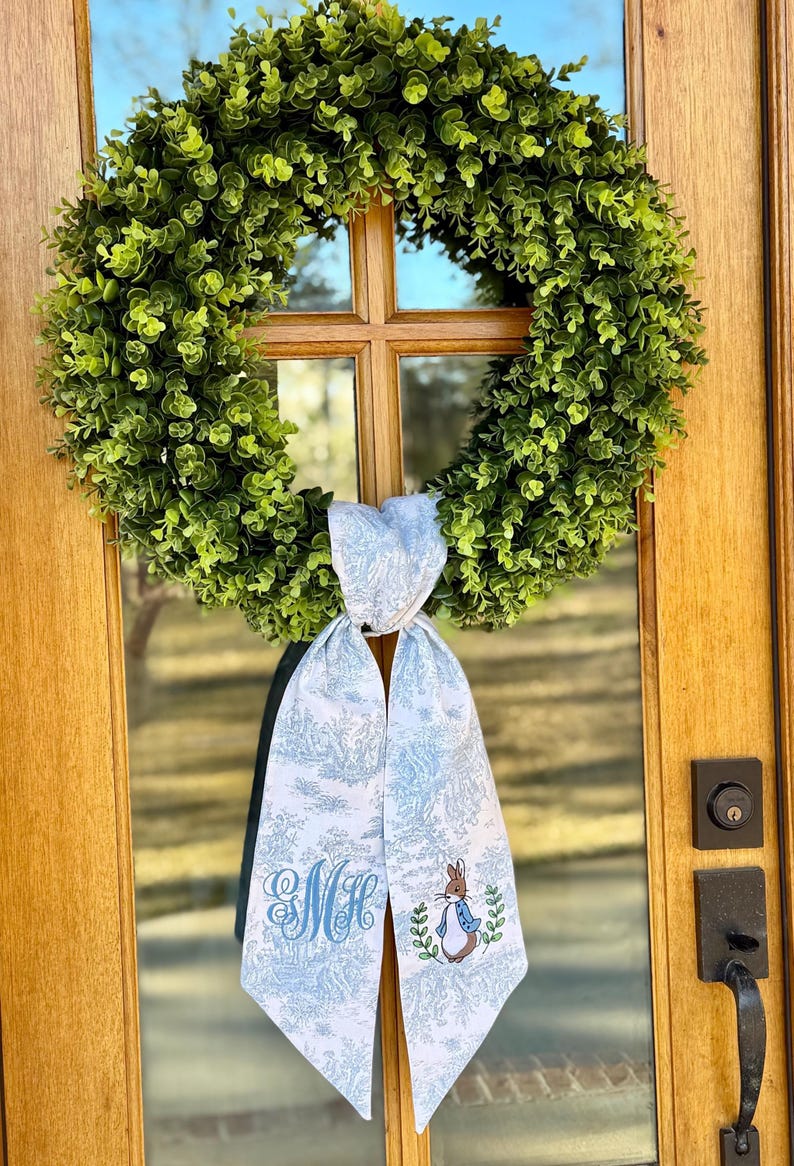 Peter Rabbit Wreath Sash. Blue Toile Sash. Boxwood Wreath. - Etsy