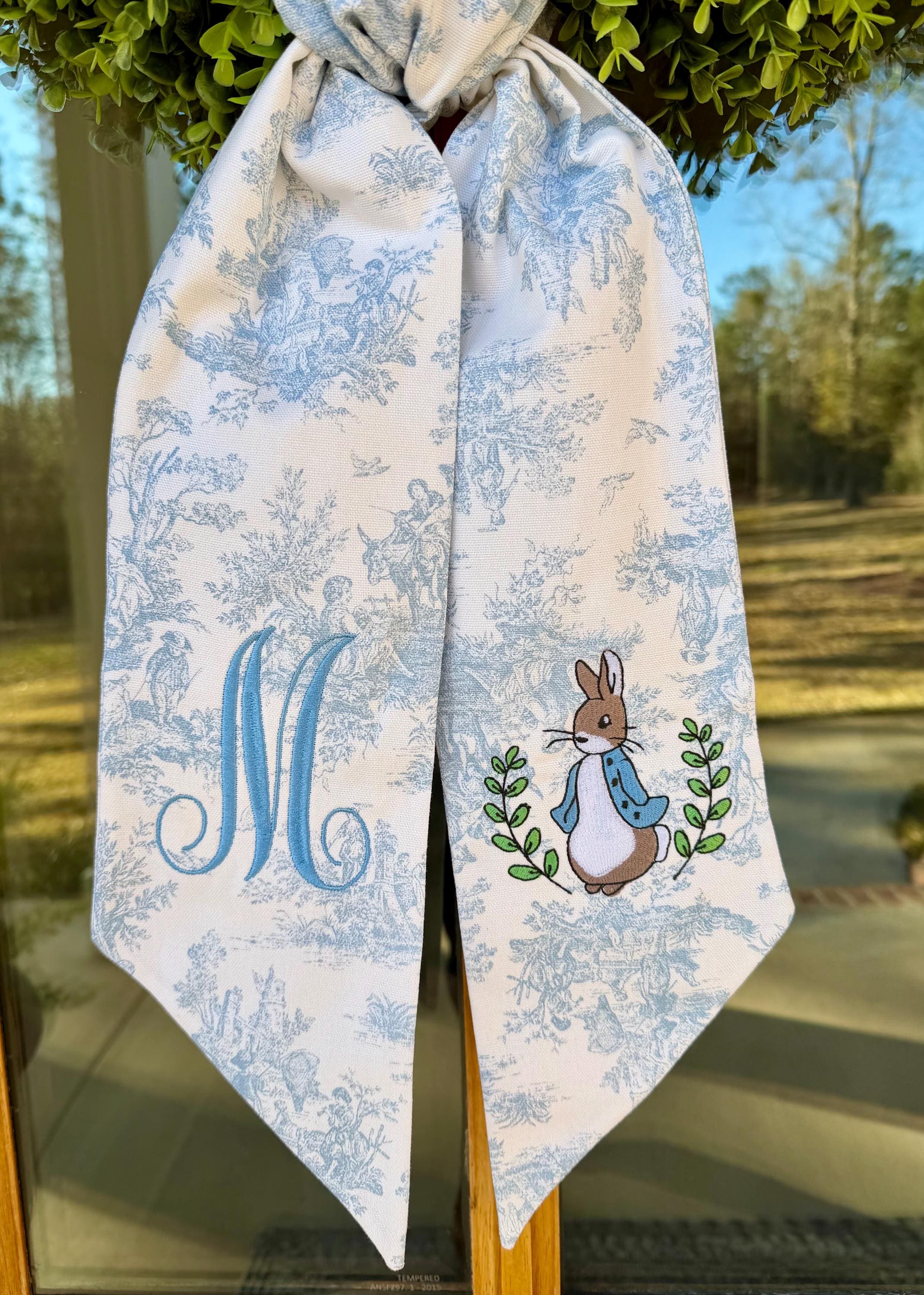 Peter Rabbit Wreath Sash. Blue Toile Sash. Boxwood Wreath. - Etsy