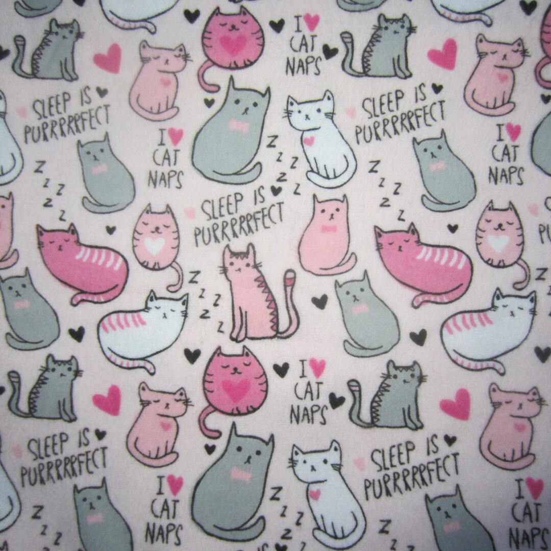Flannel Fabric, I Love Cat Naps, Kitten Fabric, Pet Fabric, Pink, Gray ...