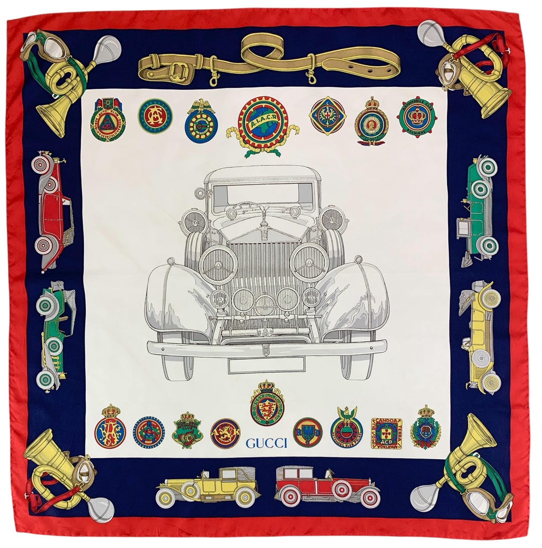 Vintage Gucci Silk Scarf Antique Car Automotive Design Scarf Neckwear ...