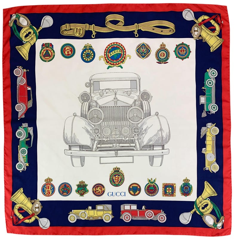 Vintage Gucci Silk Scarf Antique Car Automotive Design Scarf Neckwear ...