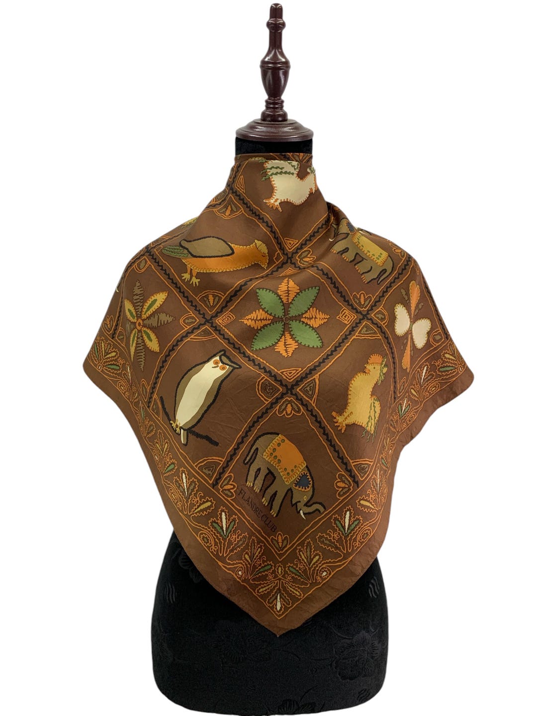 Vintage Flandre Club Silk Scarf, Classic Animal Scarf Brown Colour ...
