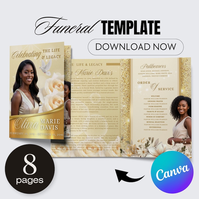 Elegant Gold Funeral Program Template: 8-page Memorial (digital ...
