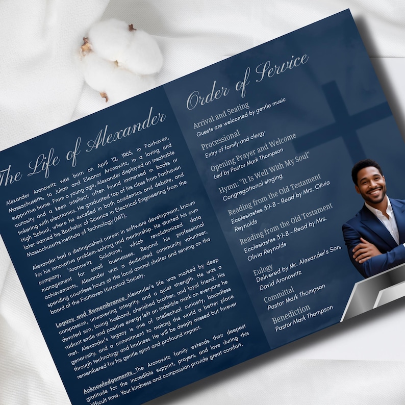 Navy Blue Funeral Program Template: Elegant Memorial, Celebration of ...