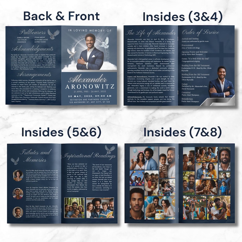 Navy Blue Funeral Program Template: Elegant Memorial, Celebration of ...