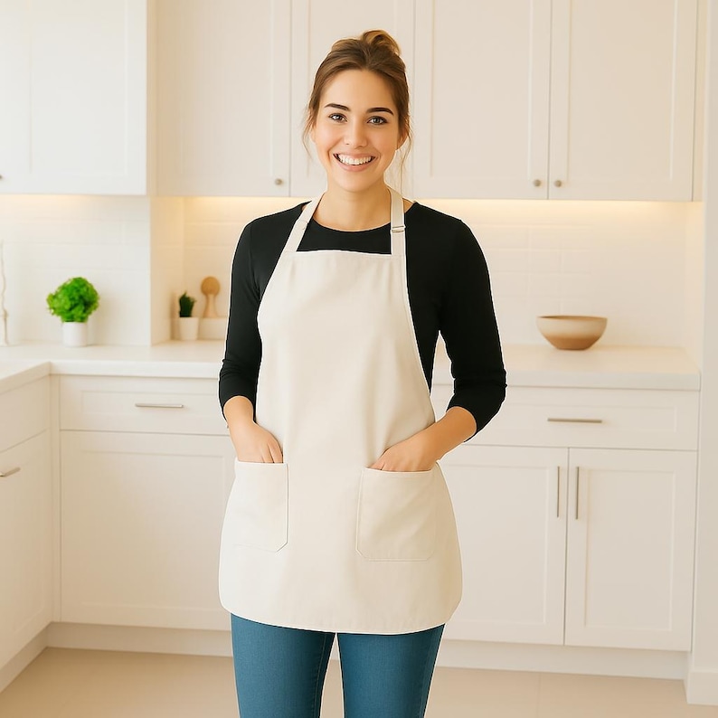 Blank Cotton Apron – Cotton Adjustable Apron With Pockets, Customizable ...