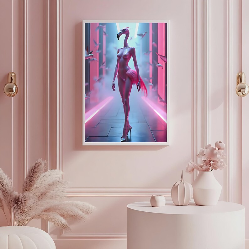 Futuristic Flamingo Poster - Pink Neon Cyberpunk Poster - Pink ...