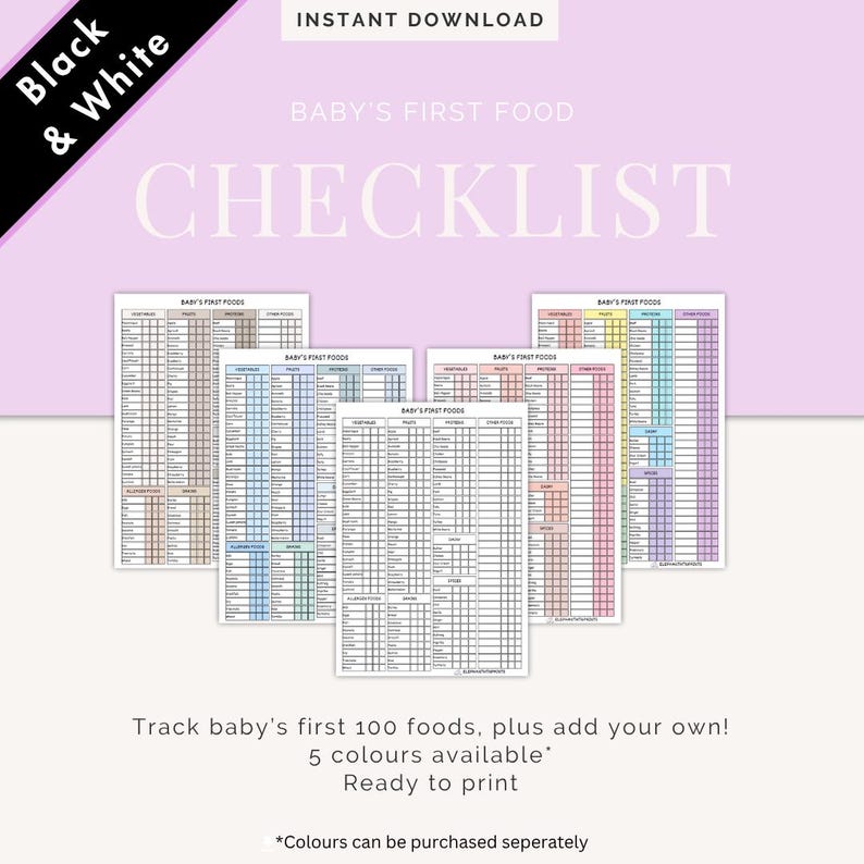 Baby’s First Foods Checklist | Black and White | Starting Solids Log ...