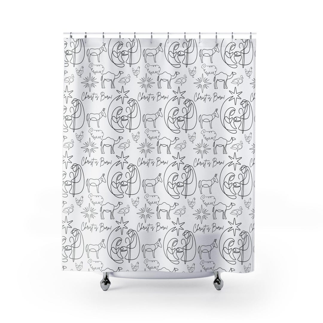 Nativity Line Art Shower Curtain | Minimal Christian Christmas Pattern ...