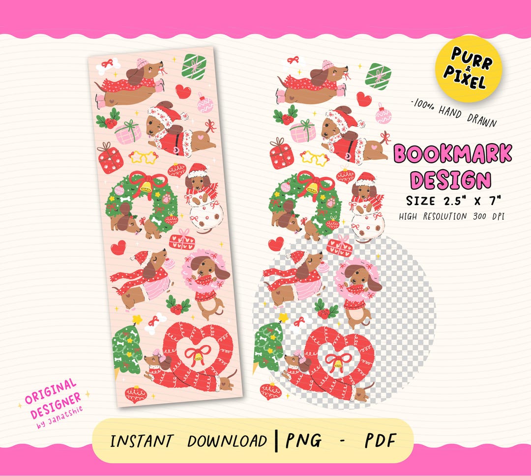 Dachshund Christmas Bookmark PNG | Sausage Dog Bookmark | UV DTF Wrap ...