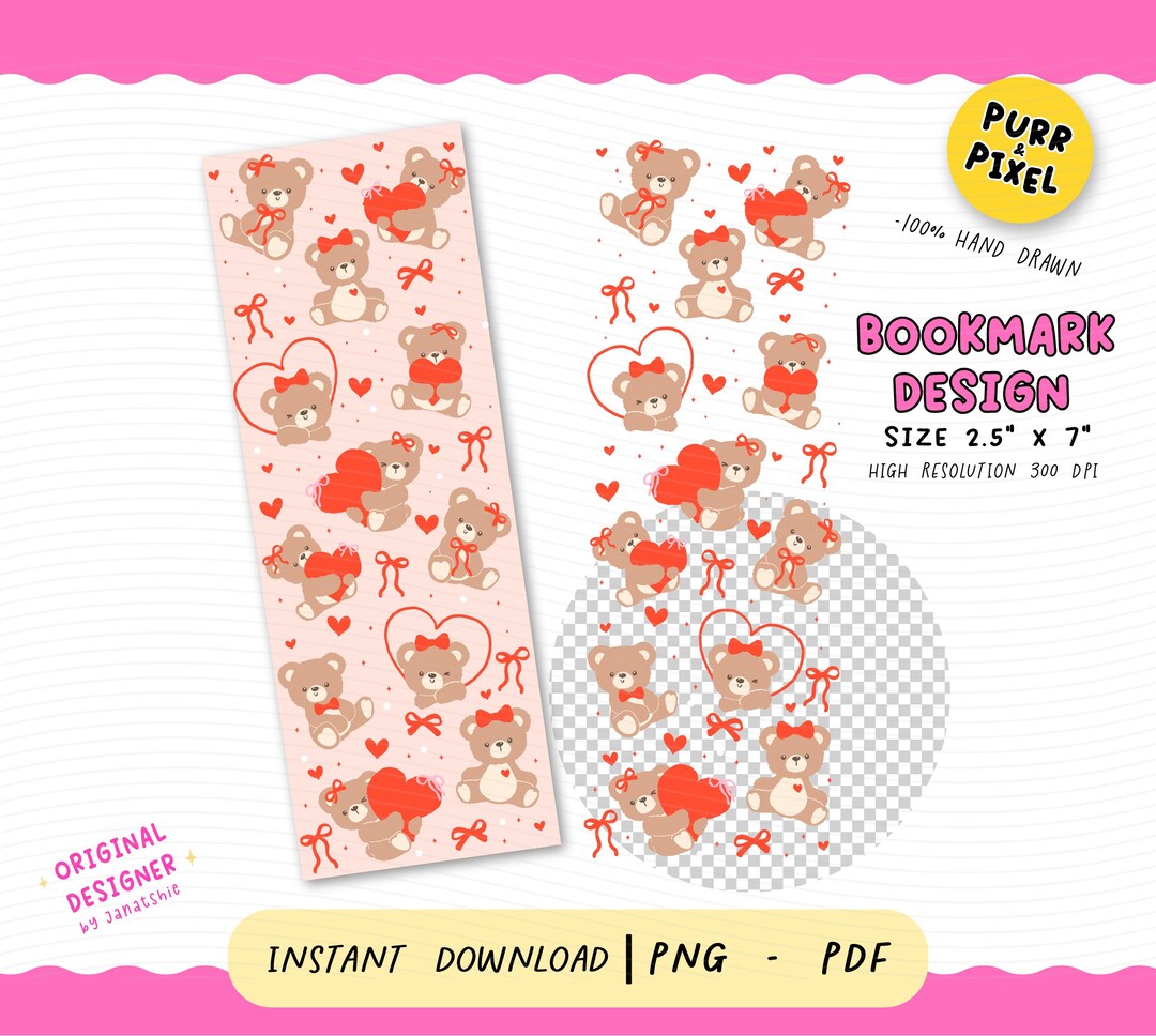 Coquette Teddy Bear Red Bow Bookmark PNG | Girly UV DTF Printable Wrap ...