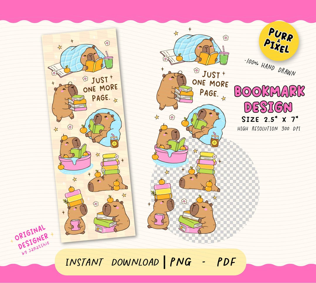 Capybara Reading Bookmark PNG | Kawaii Book Lover UV DTF Wrap (digital ...
