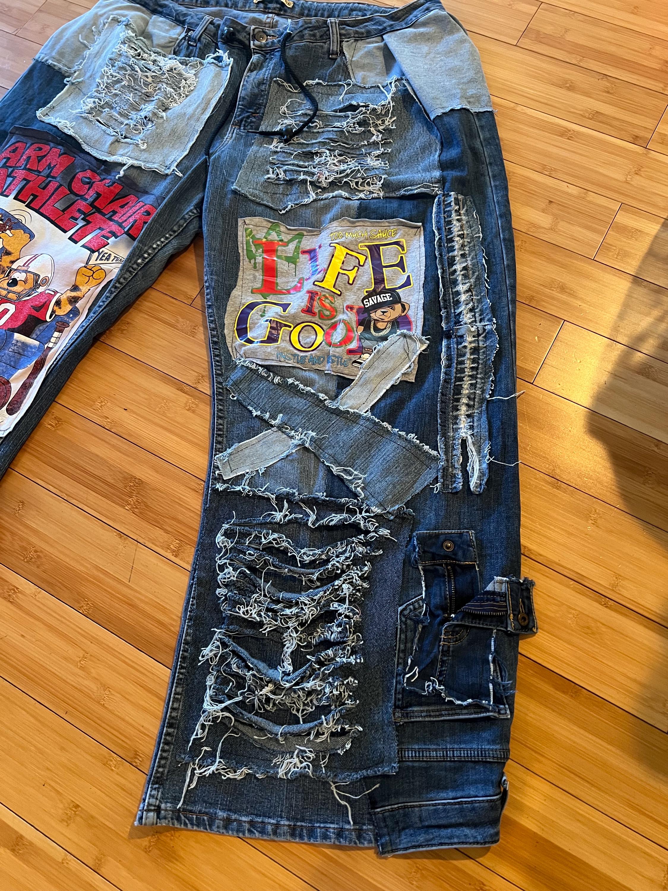 Handmade Upcycled Patchwork Pants – Cartoon Graphic Jeans, Distressed ...
