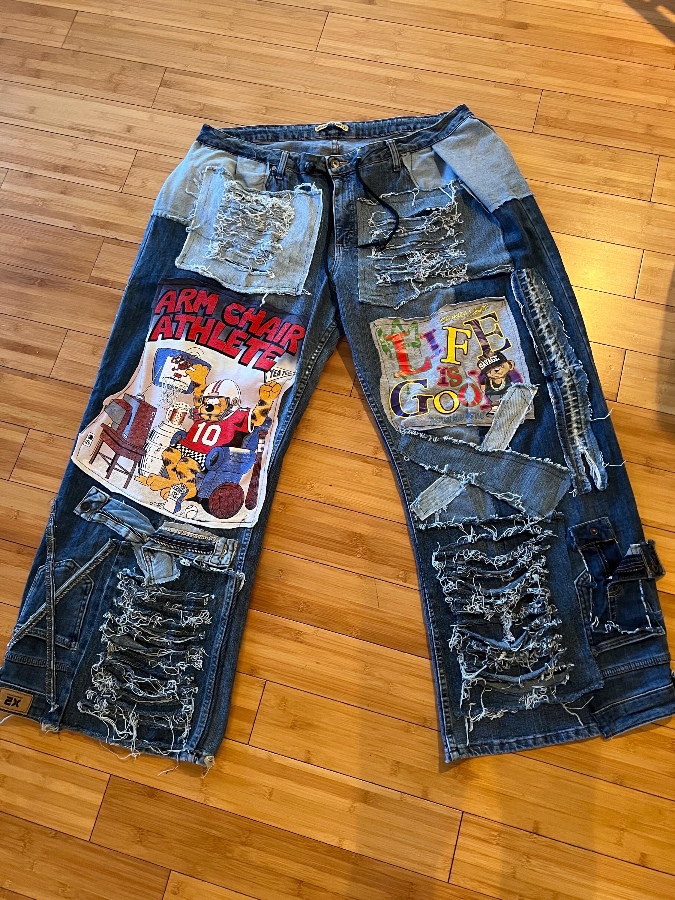 Handmade Upcycled Patchwork Pants – Cartoon Graphic Jeans, Distressed ...