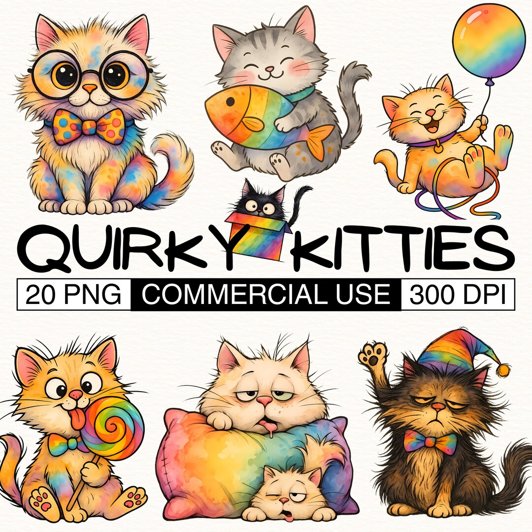20 Quirky and Funny Cats Clipart Bundle Pack| 300 DPI Transparent ...