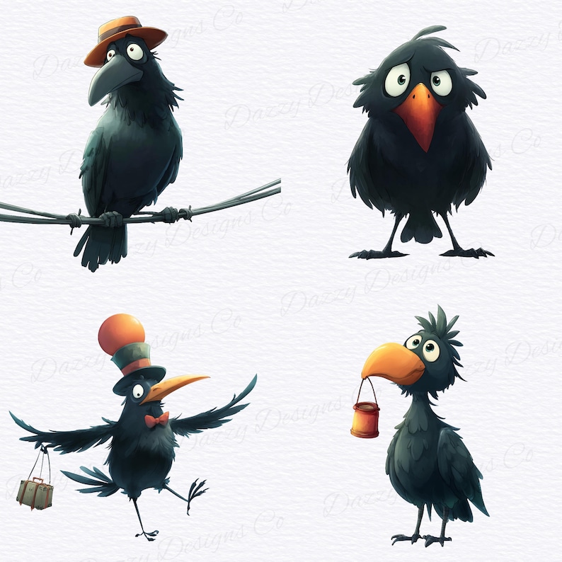 22 Quirky and Cute Crows Clipart Bundle Pack| 300 DPI Transparent ...