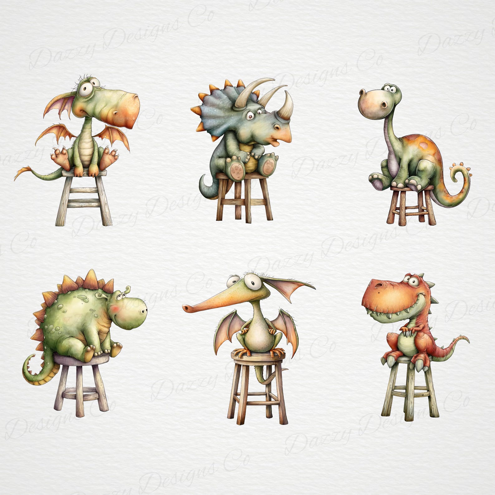 Quirky Sitting Dinosaurs Clipart Bundle| 17 Funny Dino on Stool and ...