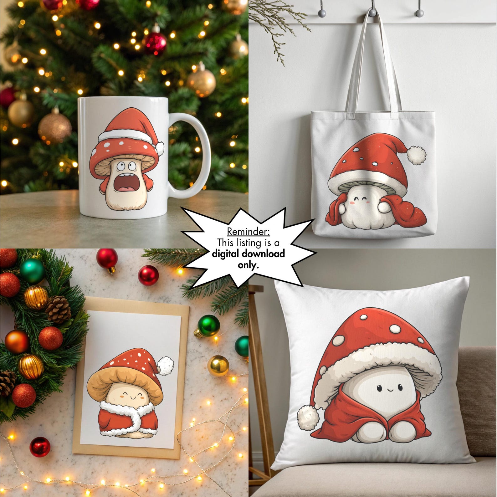 31 Christmas Mushroom Clipart Bundle| Funny Cartoon Holiday Food PNG ...