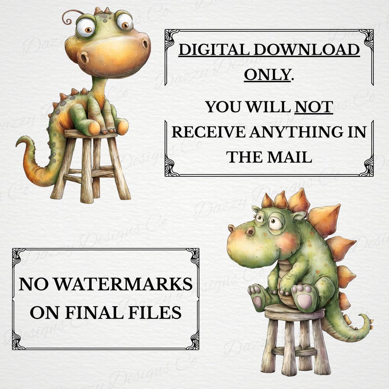 Quirky Sitting Dinosaurs Clipart Bundle| 17 Funny Dino on Stool and ...