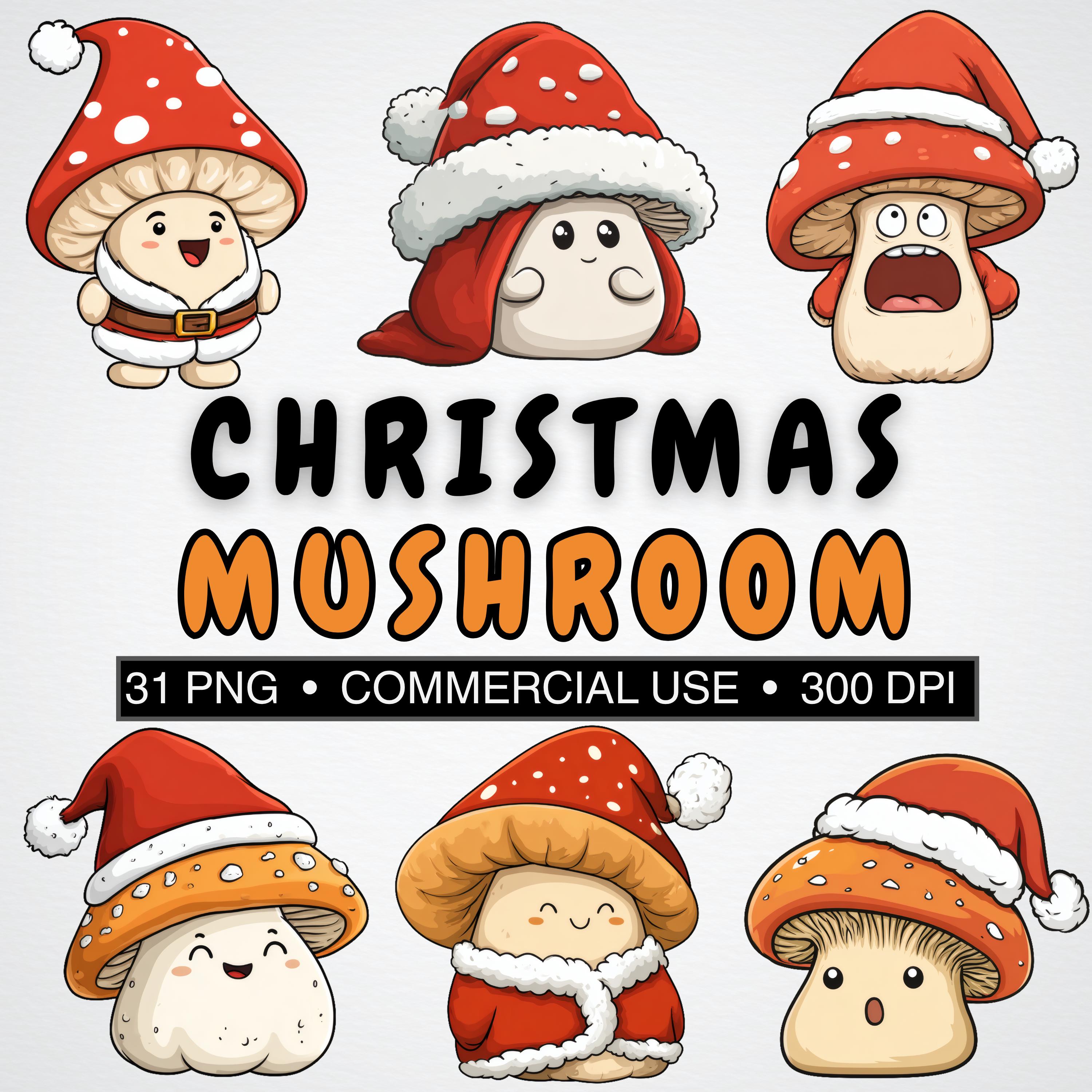 31 Christmas Mushroom Clipart Bundle| Funny Cartoon Holiday Food PNG ...