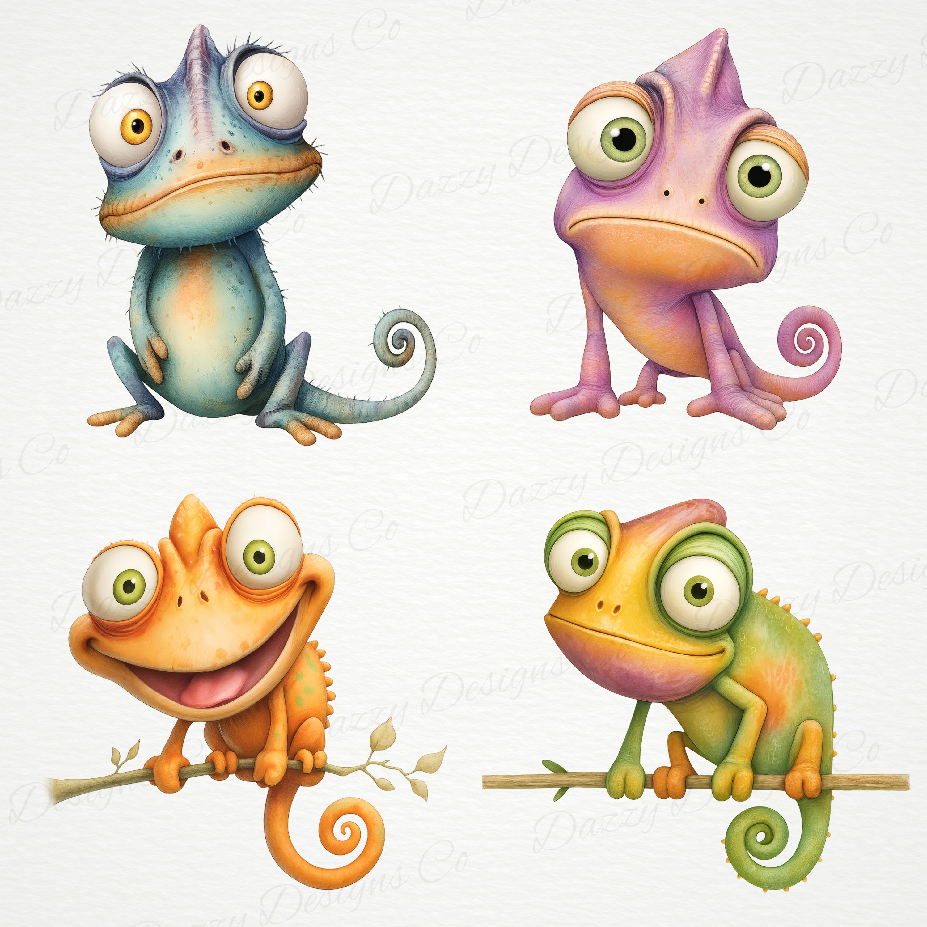 Quirky Chameleons Clipart Bundle| 17 Colorful Cartoon Lizard PNG at 300 ...