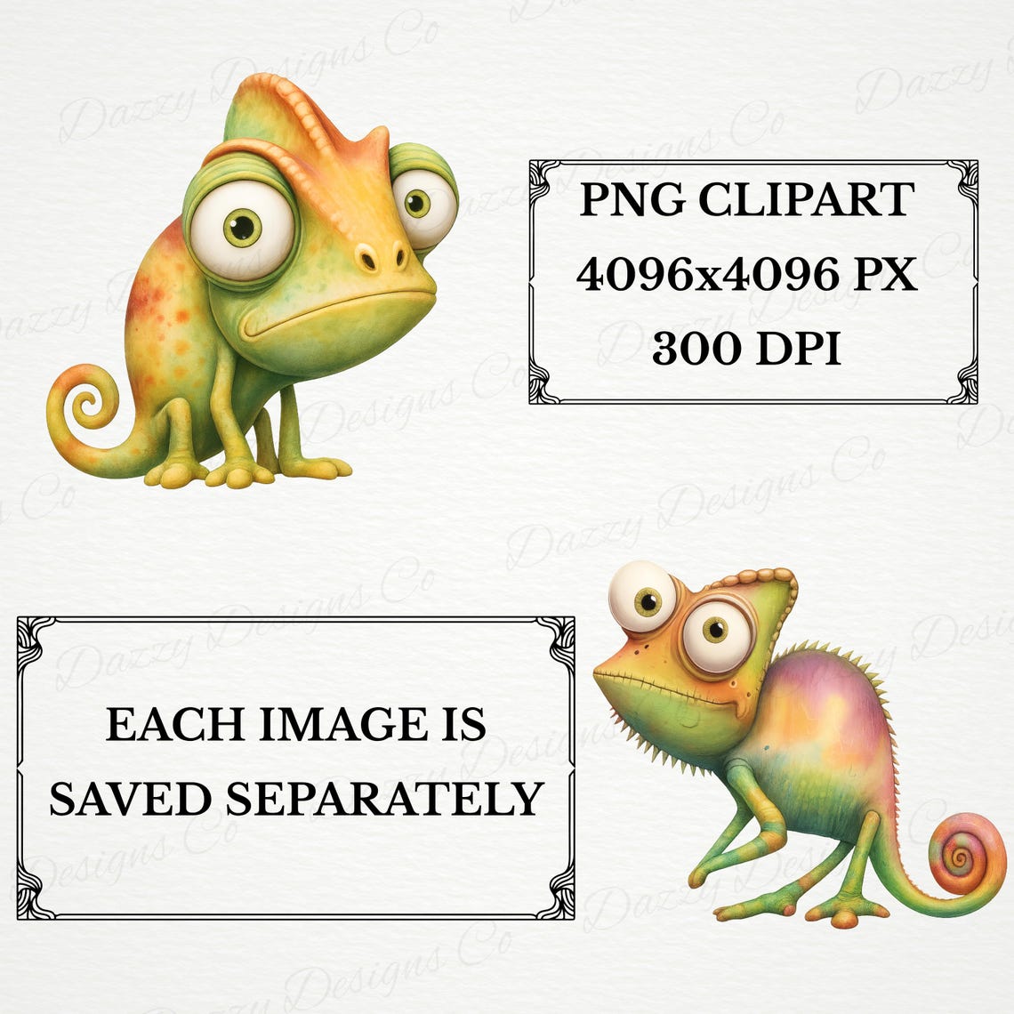 Quirky Chameleons Clipart Bundle| 17 Colorful Cartoon Lizard PNG at 300 ...