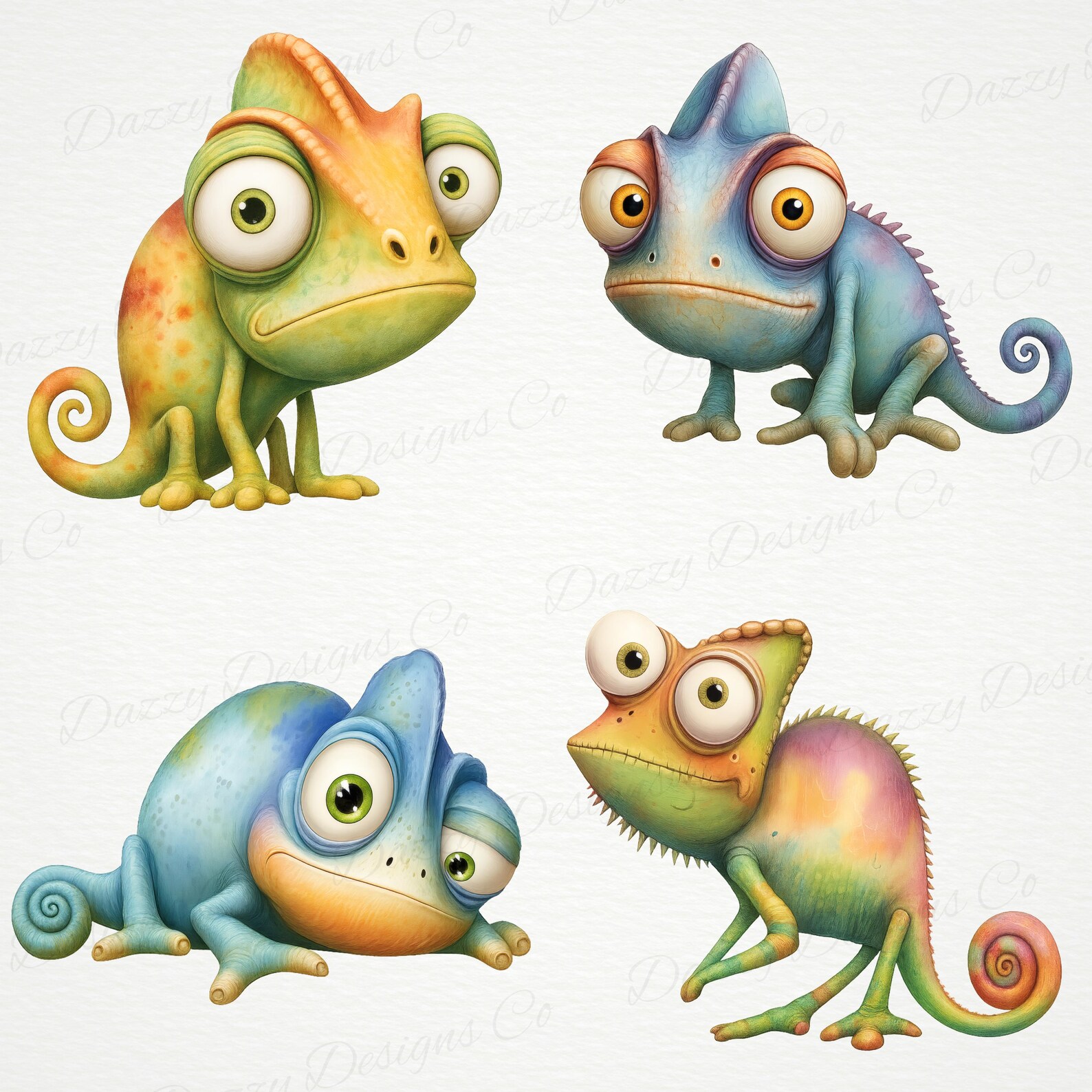 Quirky Chameleons Clipart Bundle| 17 Colorful Cartoon Lizard PNG at 300 ...