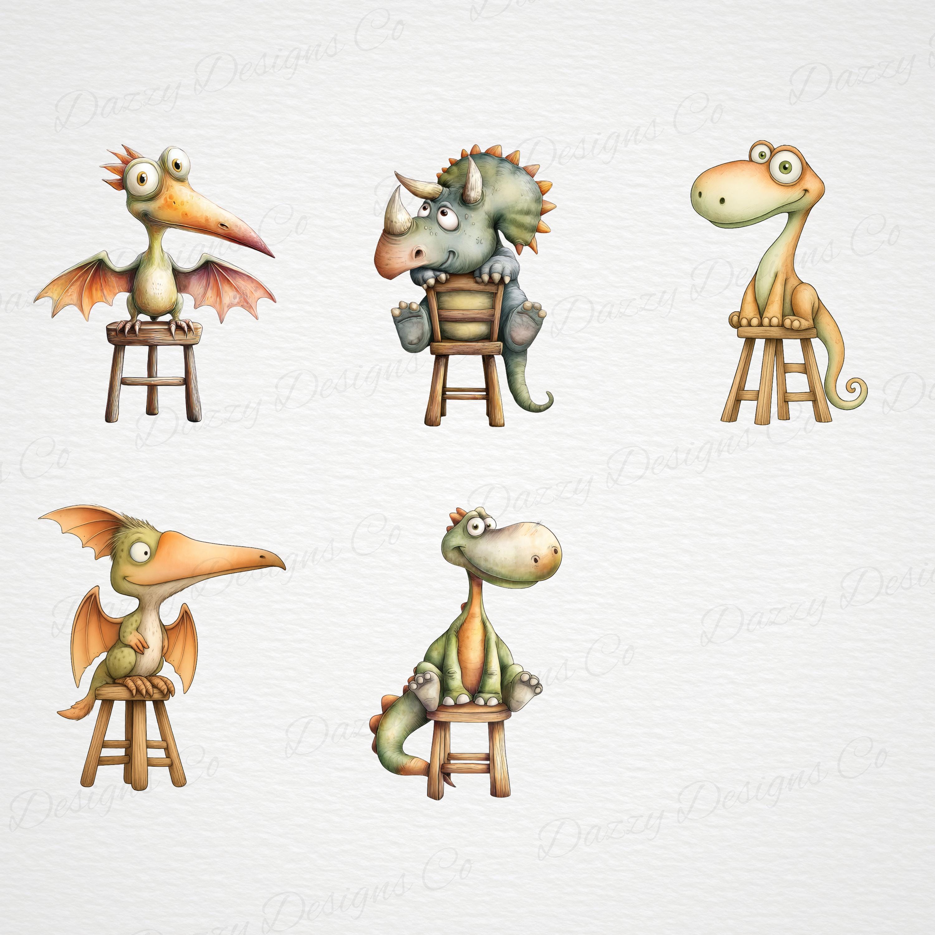 Quirky Sitting Dinosaurs Clipart Bundle| 17 Funny Dino on Stool and ...