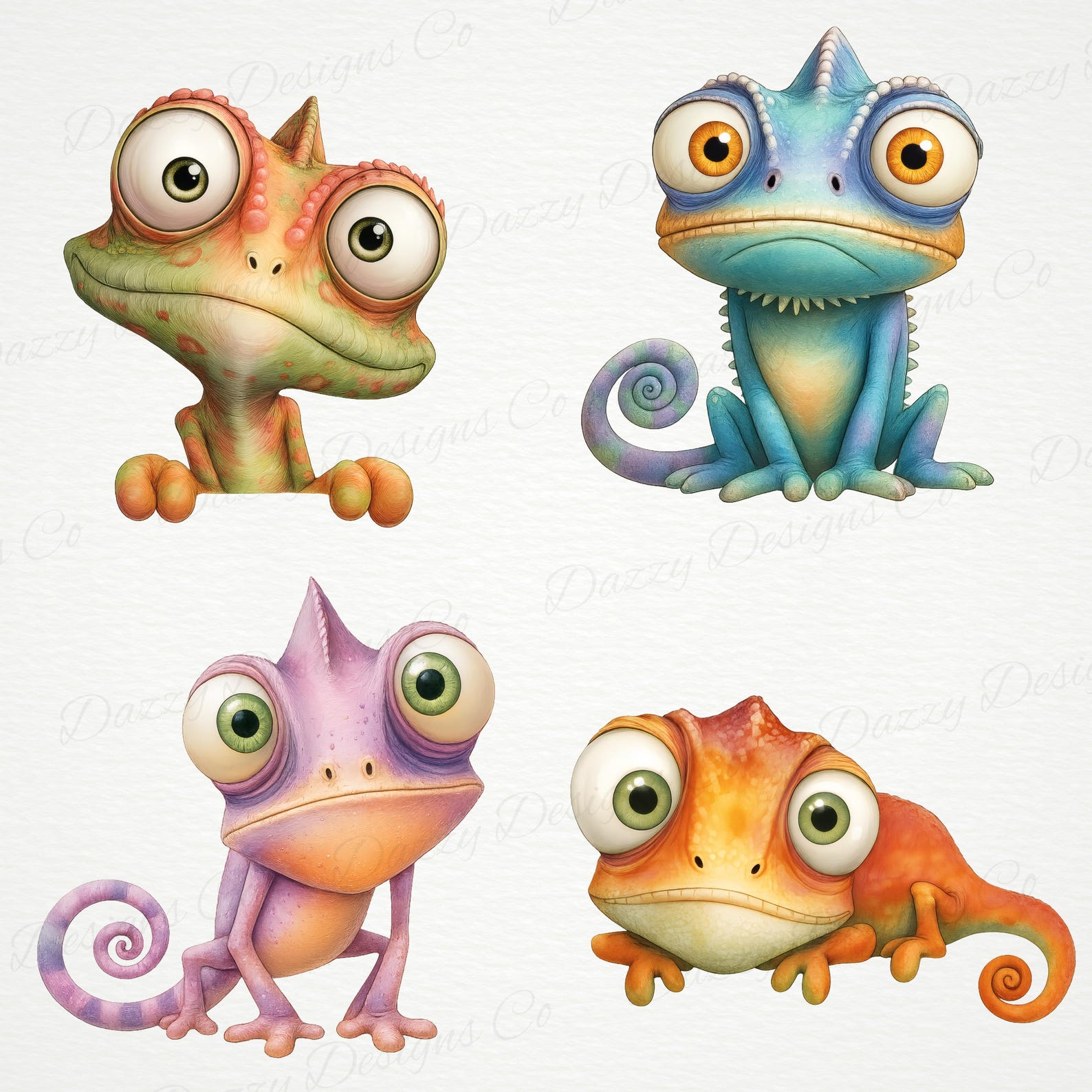 Quirky Chameleons Clipart Bundle| 17 Colorful Cartoon Lizard PNG at 300 ...